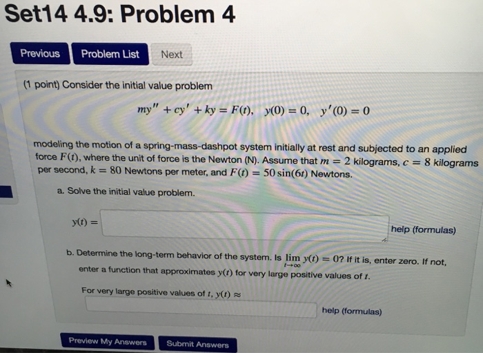 Solved Consider the initial value problem my'' + cy'+ ky = | Chegg.com