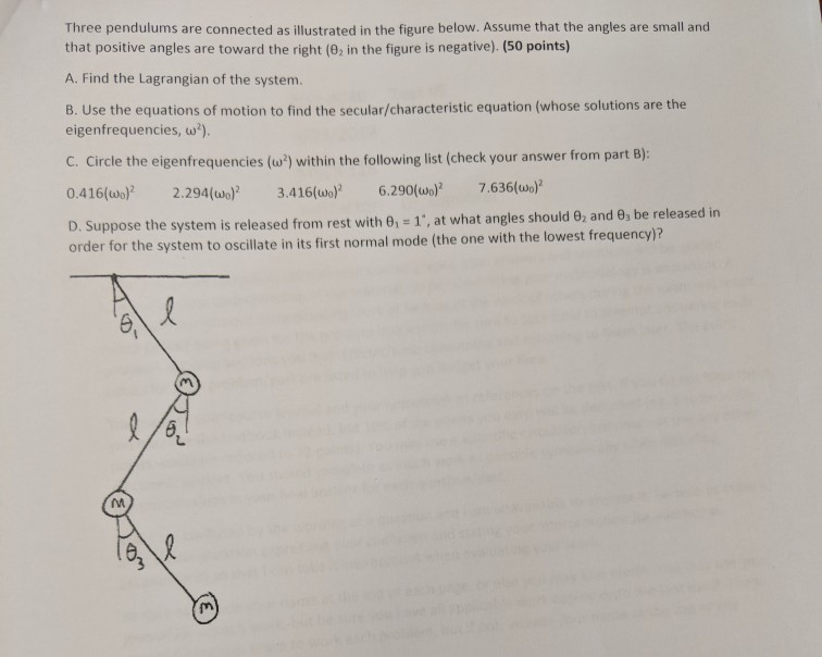 Solved Three pendulums are connected as illustrated in the | Chegg.com