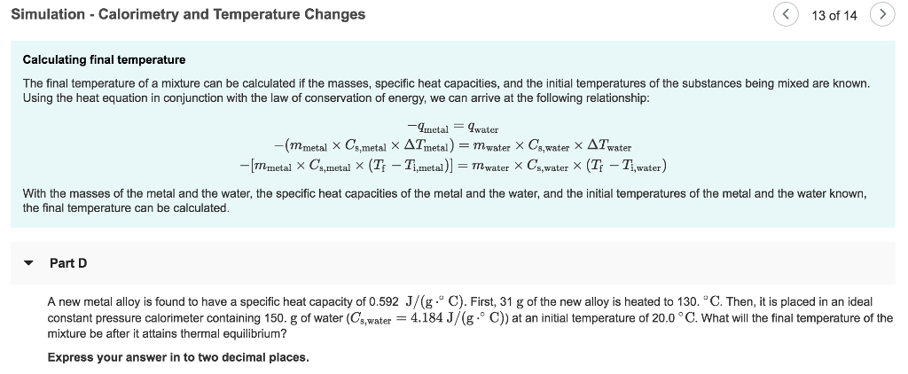 Solved Simulation - Calorimetry and Temperature Changes 〈 | Chegg.com