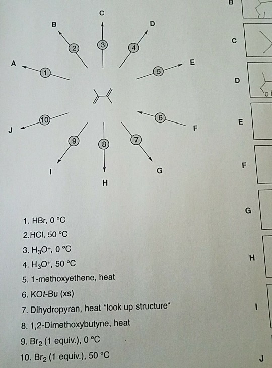 Solved 10 1. HBr, 0 °C 2.HCI, 50 °C 3. H3O*, 0°C 4. H3O+, 50 | Chegg.com