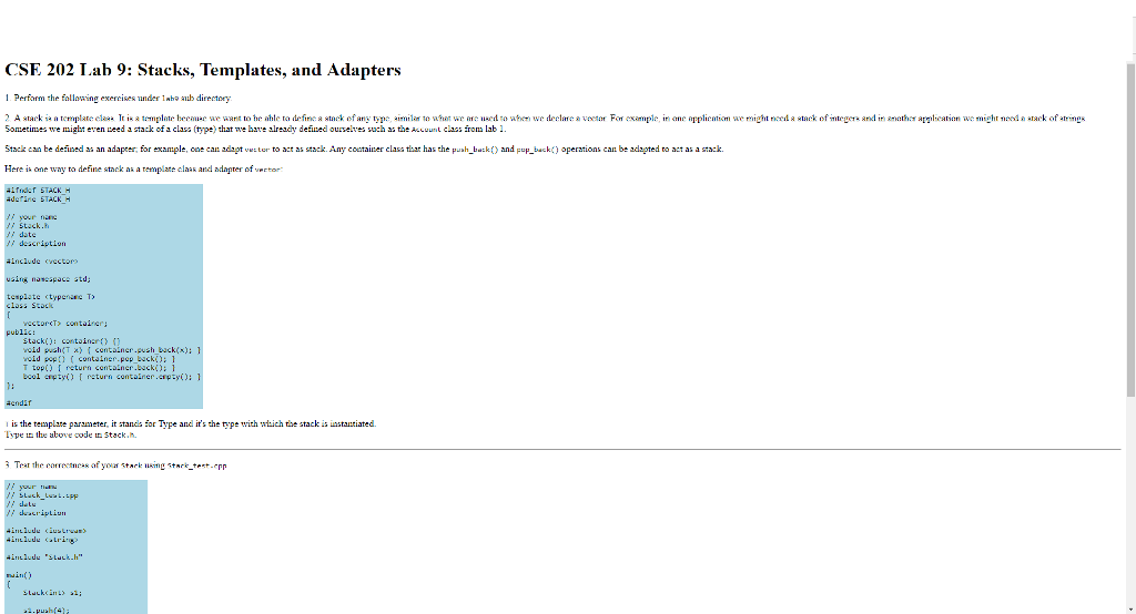 Solved CSE 202 Lab 9: Stacks, Templates, and Adapters 1. | Chegg.com