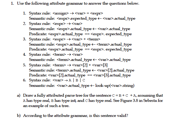 Solved 1. Use the following attribute grammar to answer the | Chegg.com
