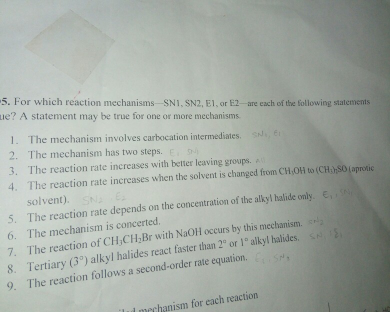 Solved 5. For which reaction mechanisms SNI, SN2, E1, or E2 | Chegg.com