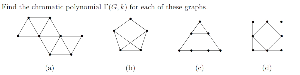 Solved Find the chromatic polynomial Gamma(G, k) for each of | Chegg.com