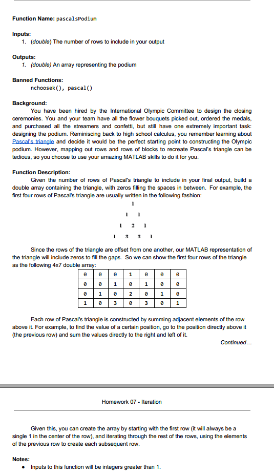 Solved Function Name Pascalspodium Inputs 1 Double The 