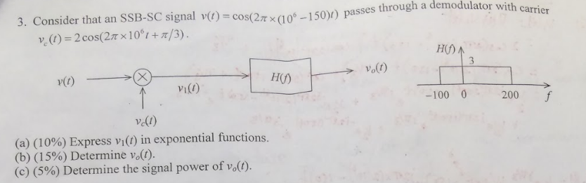 Solved Consider that an SSB-SC signal v(t) = cos(2pi times | Chegg.com