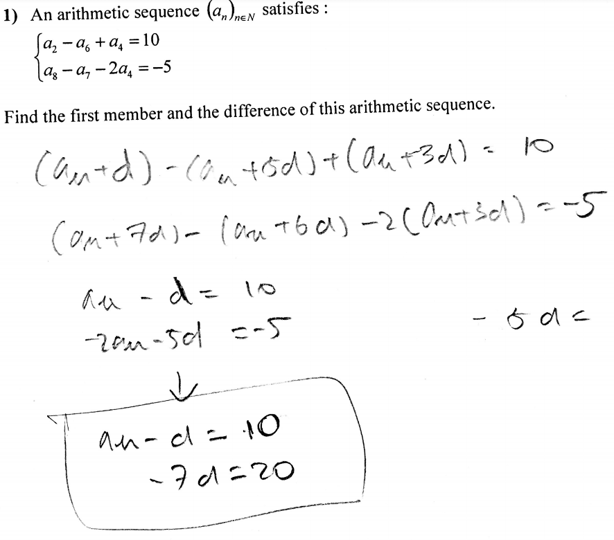 Solved An arithmetic sequence (a_n)_n elementof N satisfies: | Chegg.com