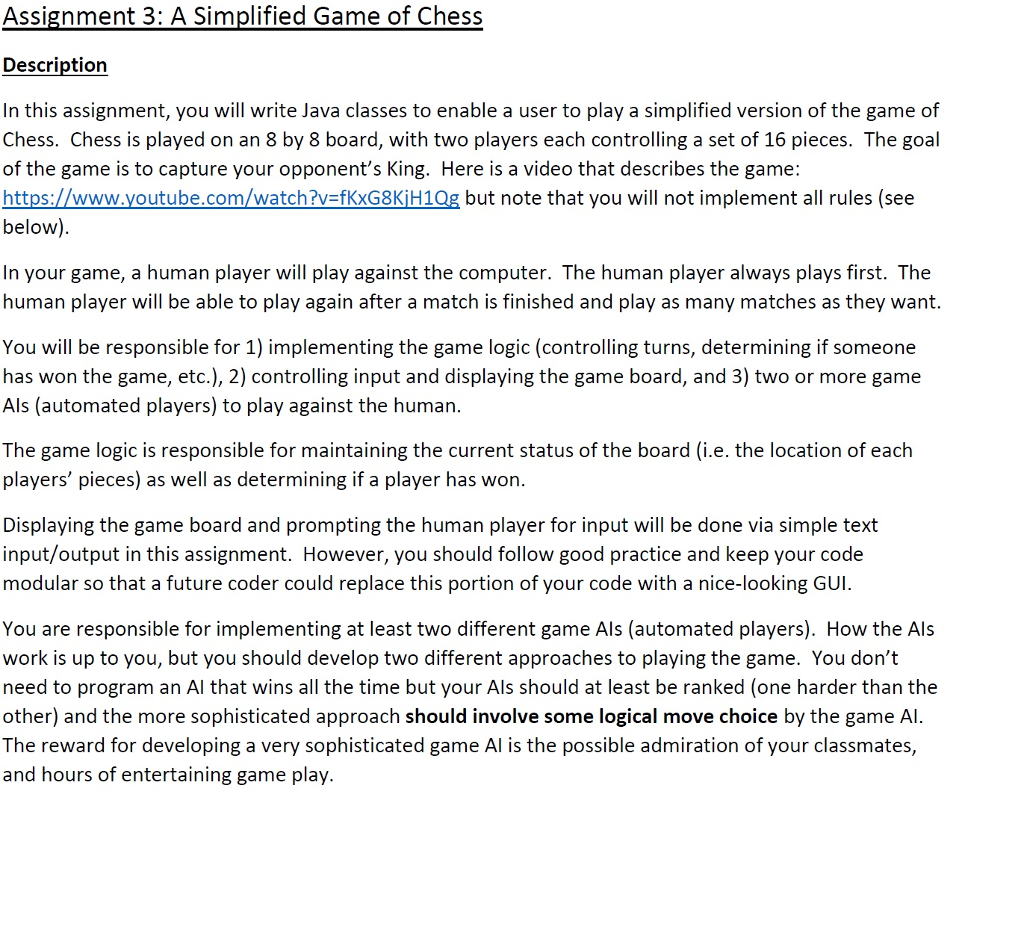 Assignment 3: A Simplified Game of Chess Description | Chegg.com