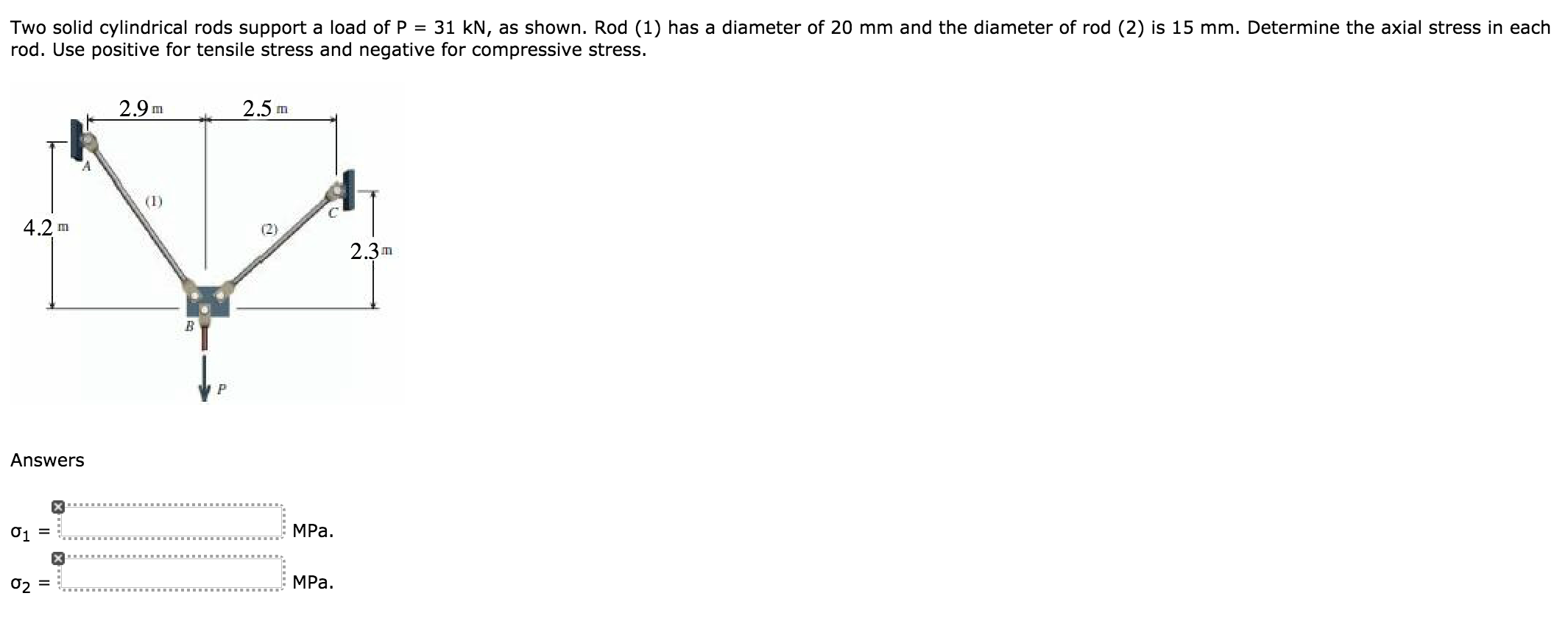 Solved Two solid cylindrical rods support a load of P = 31 | Chegg.com