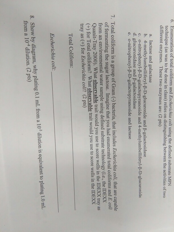 Solved 6 Enumeration Of Total Coliform And Escherichia Coli