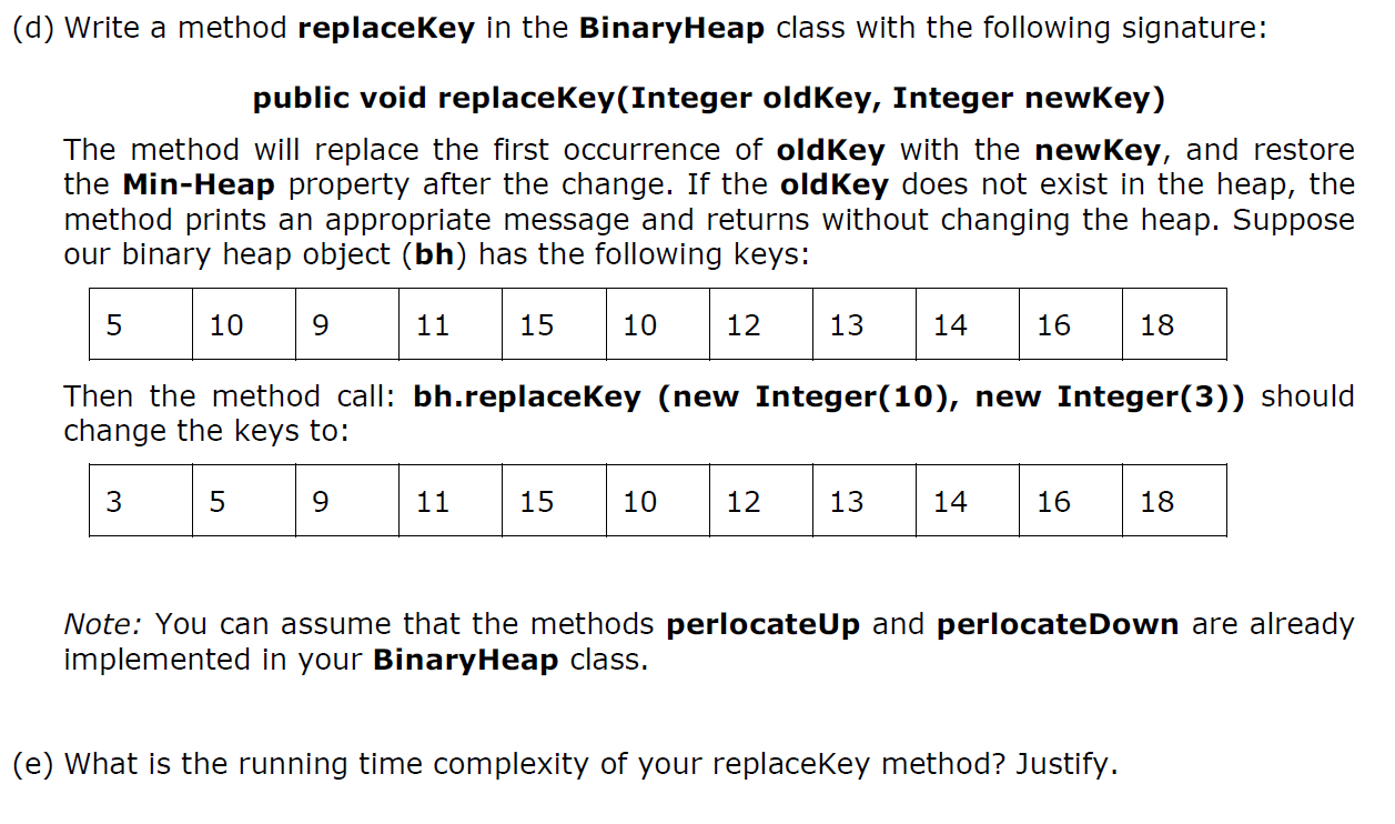 Solved Write a method replaceKey in the BinaryHeap class | Chegg.com