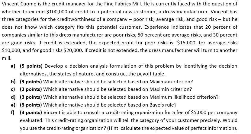 Solved Vincent Cuomo is the credit manager for the Fine | Chegg.com