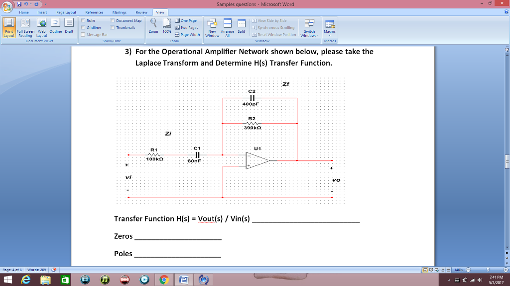 Solved For the Operational Amplifier Network shown below, | Chegg.com