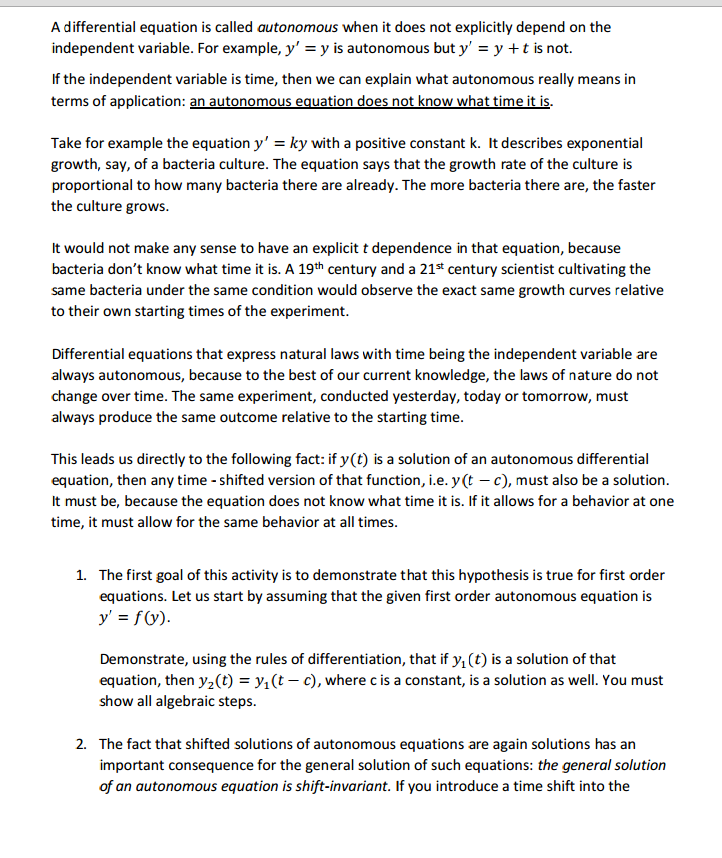 A differential equation is called autonomous when it | Chegg.com