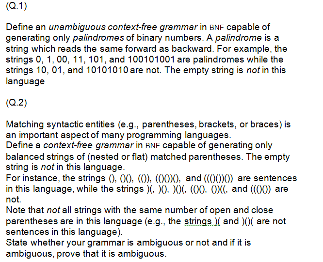 Define an unambiguous context-free grammar in bnf | Chegg.com