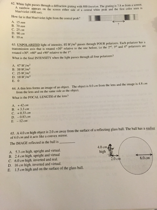 Solved White light passes through a diffraction grating with | Chegg.com