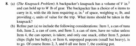 Solved (a) (The Knapsack Problem) A backpacker's knapsack | Chegg.com