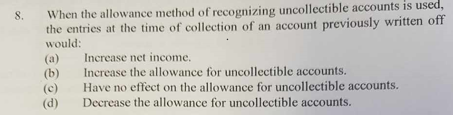 Solved When the allowance method of recognizing | Chegg.com