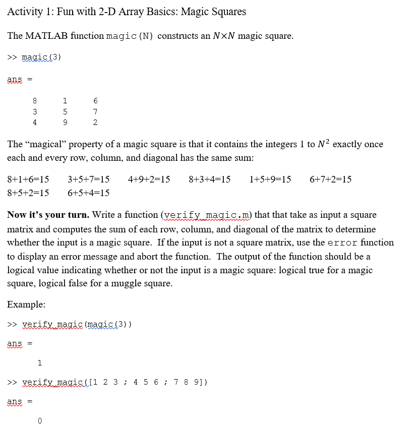 Solved Activity 1: Fun with 2-D Array Basics: Magic Squares | Chegg.com