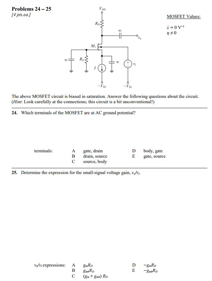 Solved Problems 24 25 [4 pts.ea.] MOSFET Values: MI The | Chegg.com