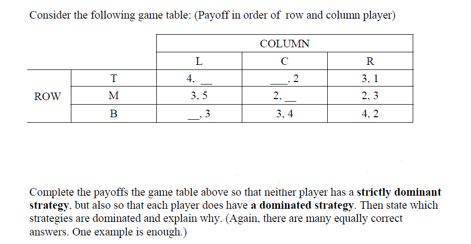 Solved Consider the following game table: (Payoff in order | Chegg.com