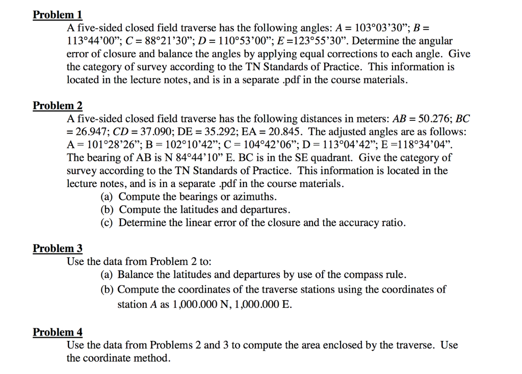 Solved Problem 1 A five-sided closed field traverse has the | Chegg.com