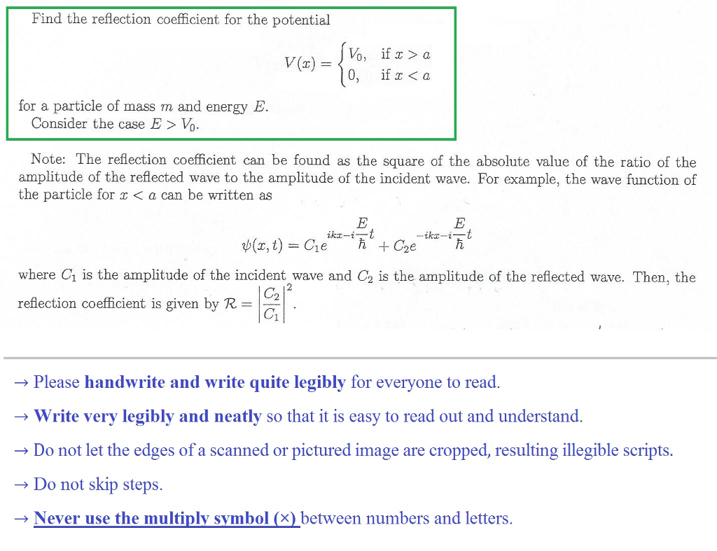 Solved Find the reflection coefficient for the potential | Chegg.com