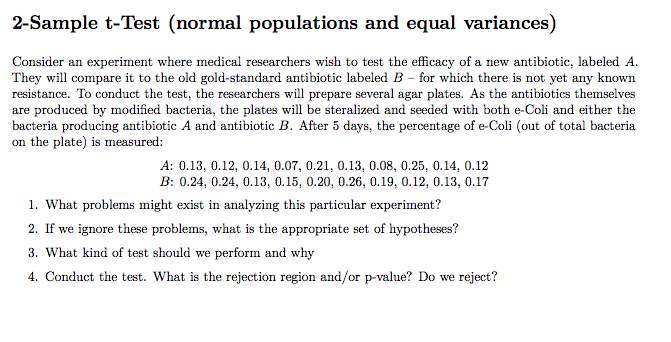 Solved 2-Sample t-Test (normal populations and equal | Chegg.com