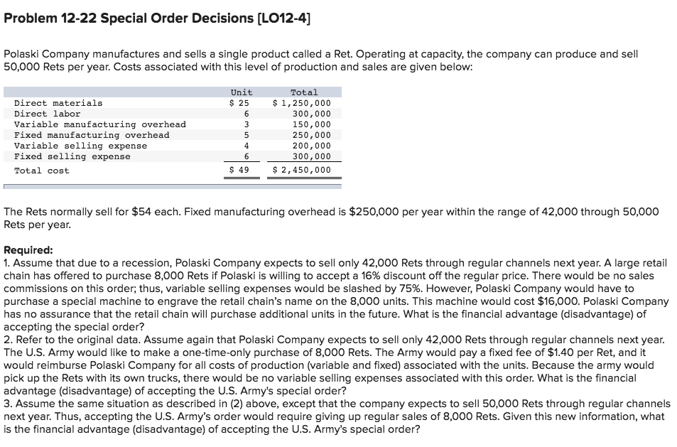 Solved Problem 12-22 Special Order Decisions [L012-4] | Chegg.com
