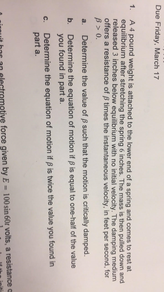 Solved A 4 pound weight is attached to the lower end of a | Chegg.com