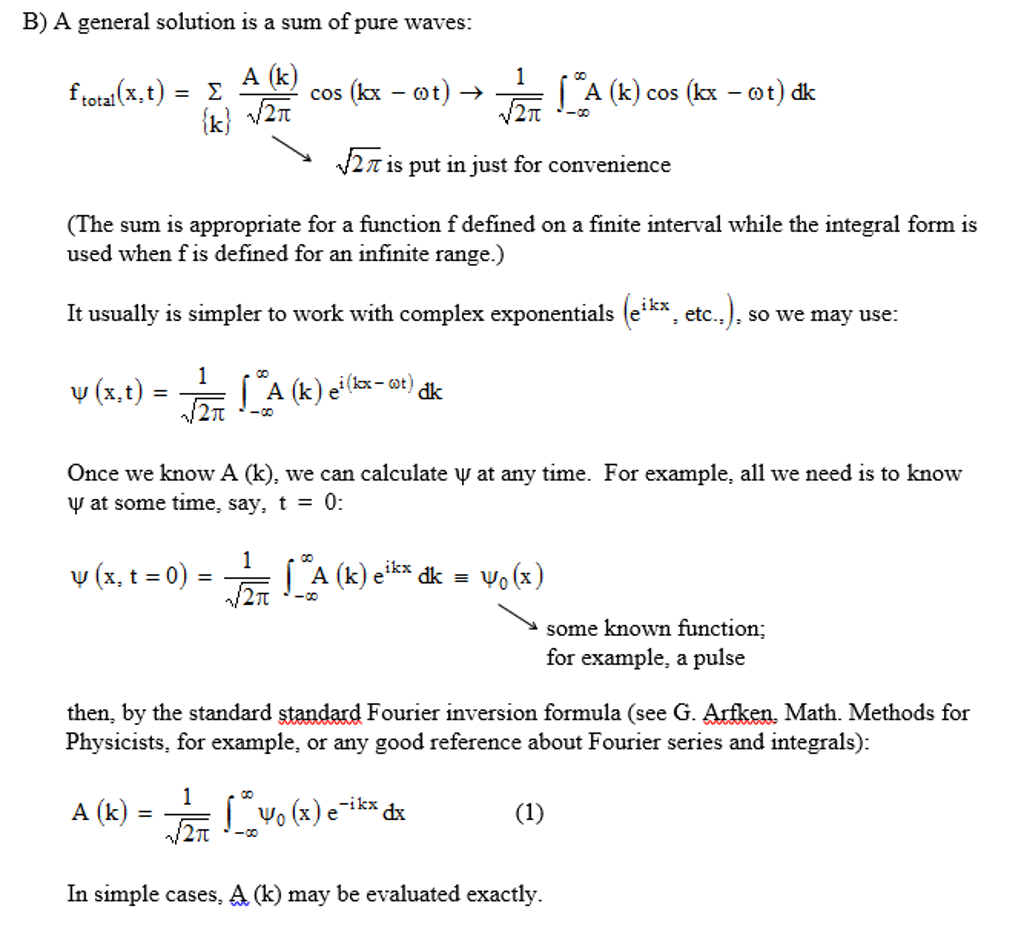 Solved B) A general solution is a sum of pure waves: A(k) 2t | Chegg.com