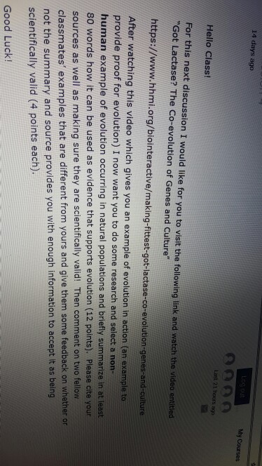 14 days ago Hello Class! For this next discussion I | Chegg.com