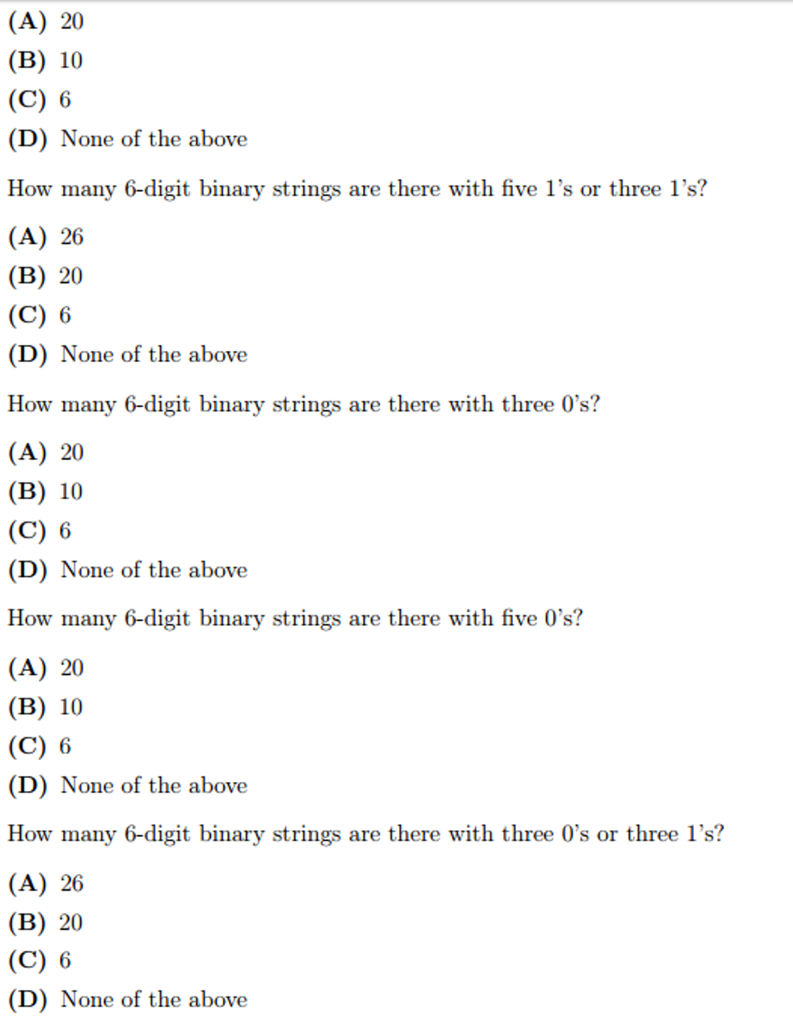 Solved How many 6-digit binary strings are there with three | Chegg.com