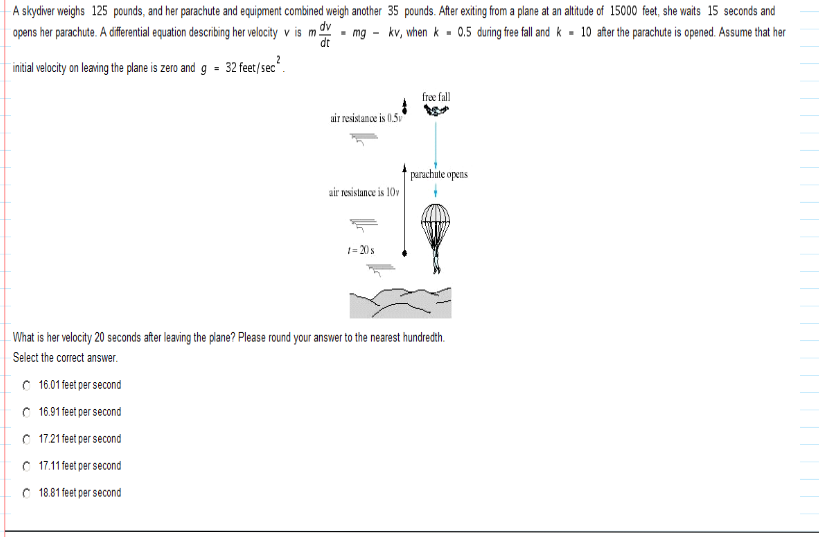 Solved A skydiver weighs 125 pounds, and her parachute and | Chegg.com