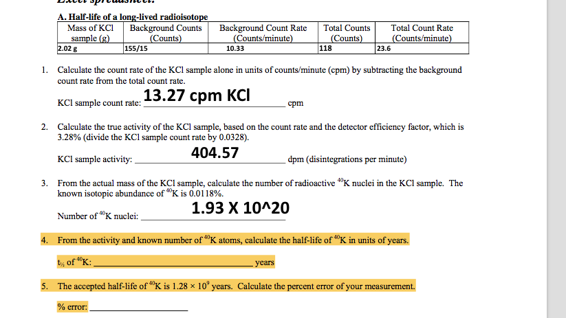 Solved A. Half-life of a long-lived radioisotope Mass of KCl | Chegg.com