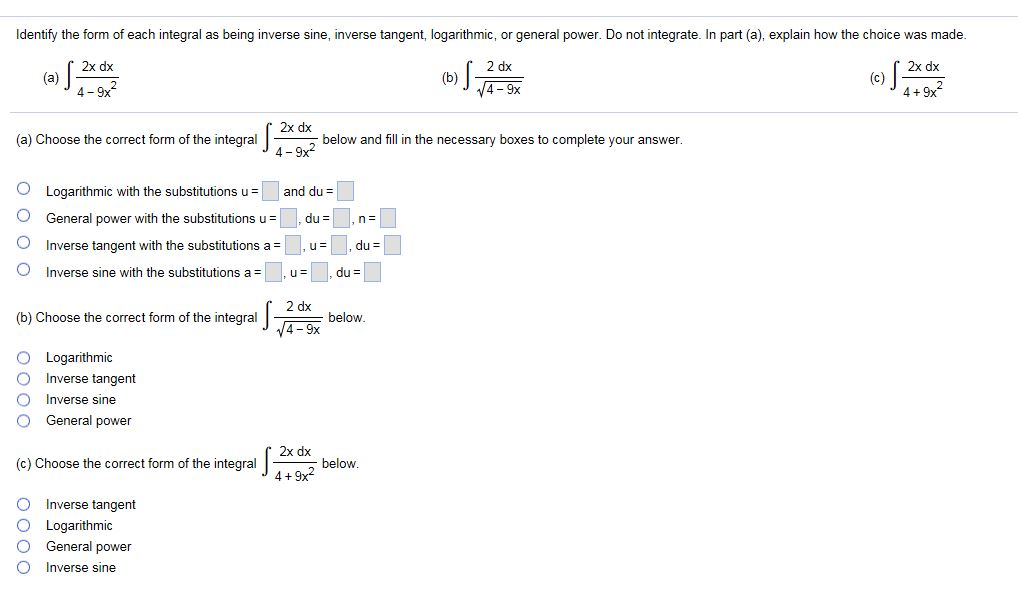 Solved Identify the form of each integral as being inverse | Chegg.com