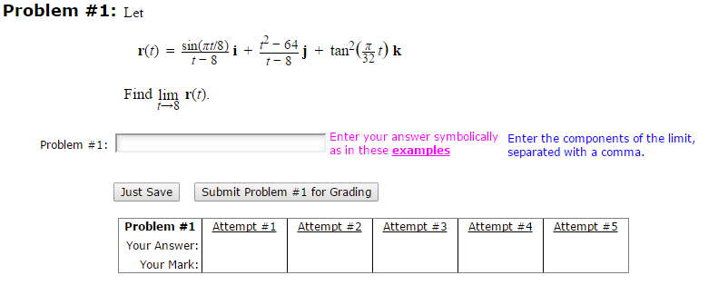 Solved Let r(t) = sin (pi t/8)/t - 8 i + t^2 - 64/t - 8 j + | Chegg.com