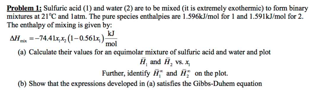 Solved Sulfuric acid (1) and water (2) are to be mixed (it | Chegg.com