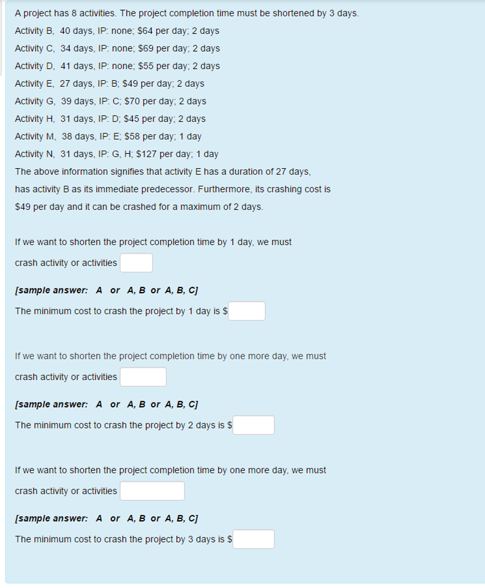 Solved A project has 8 activities. The project completion | Chegg.com