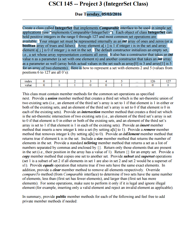Solved CSCI 145 -- Project 3 (IntegerSet Class) Due Tuesday, | Chegg.com