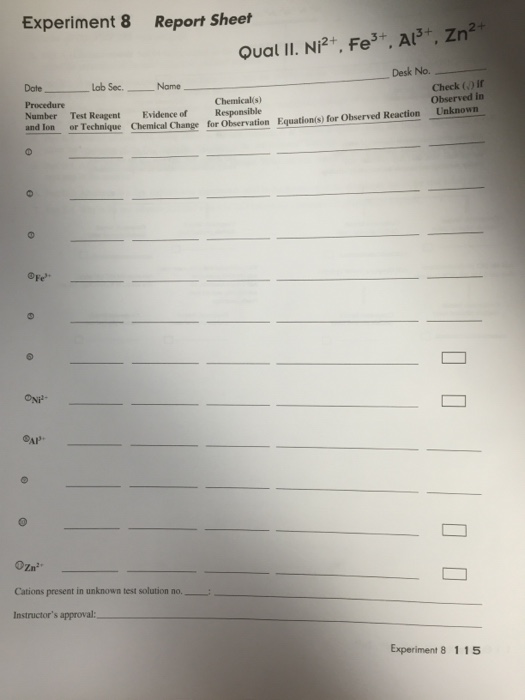 Solved Experiment 8 report sheet Catoosa present in unknown | Chegg.com