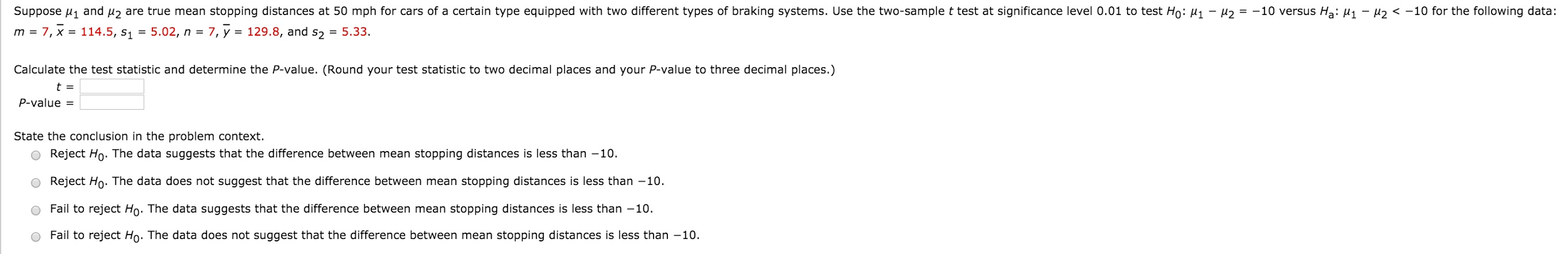 Solved Suppose mu_1 and mu_2 are true mean stopping | Chegg.com
