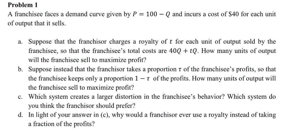 Solved Problem 1 A franchisee faces a demand curve given by | Chegg.com