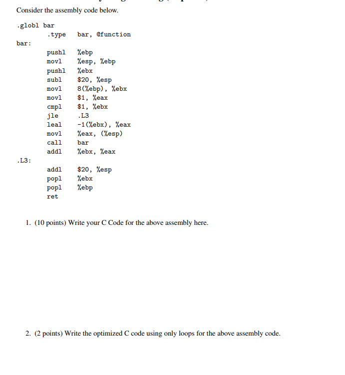 Solved Consider the assembly code below. .globl bar .type | Chegg.com