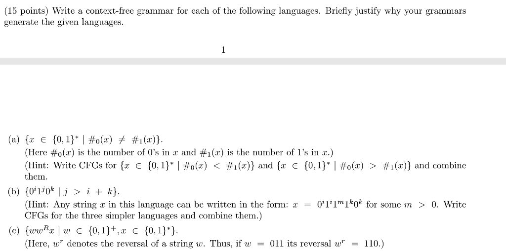 Solved (15 points) Write a context-free grammar for cach of | Chegg.com