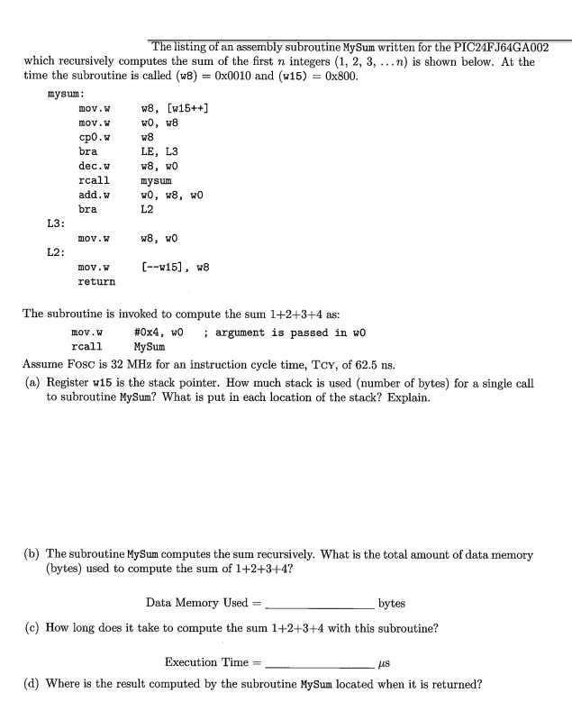 Solved sting of an assembly subroutine MySum written for the | Chegg.com