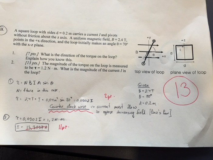 Solved A square loop with sides d= 0.2 m carries a current | Chegg.com