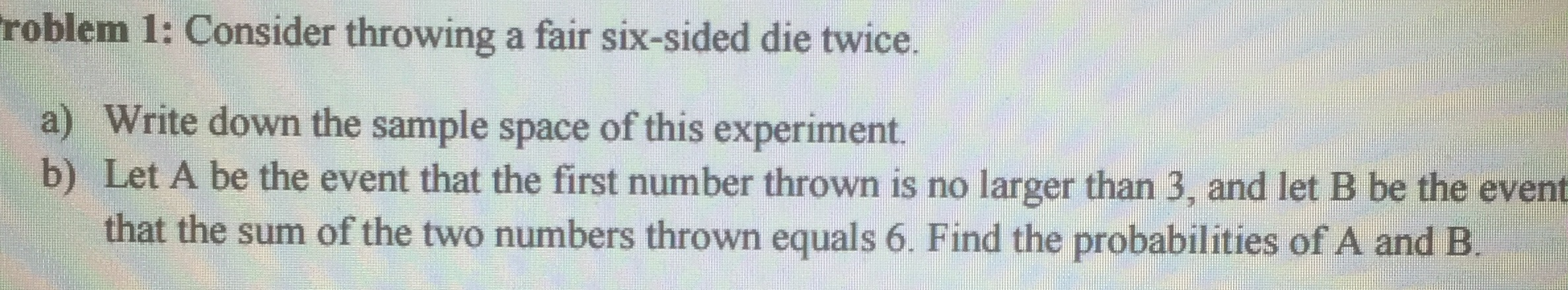 Solved Consider throwing a fair six-sided die twice. Write | Chegg.com