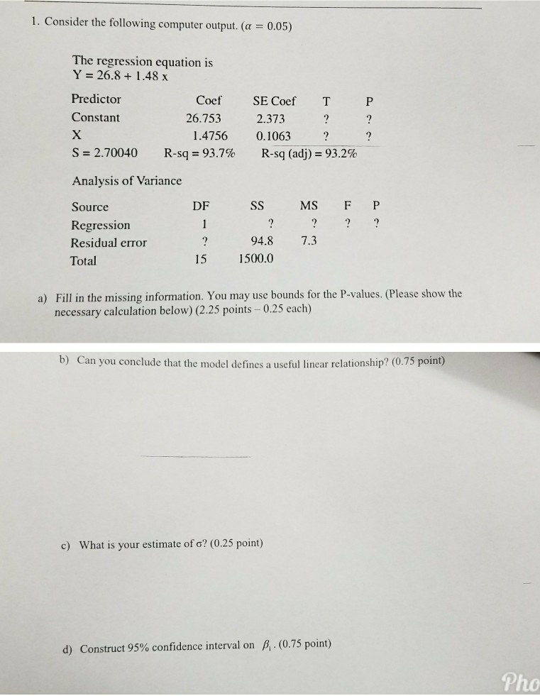 Solved I. Consider the following computer output. (α = 0.05) | Chegg.com