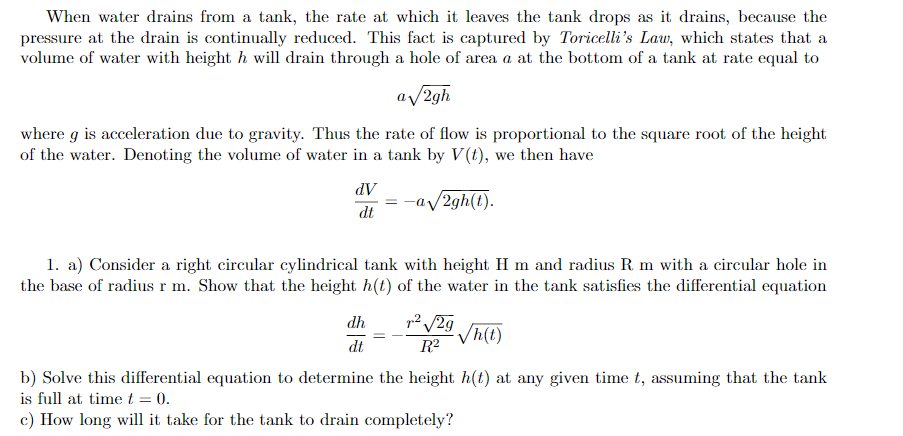 Solved When water drains from a tank, the rate at which i | Chegg.com